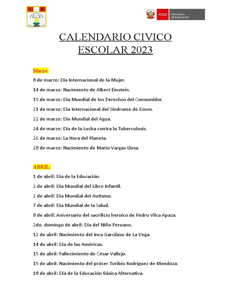 Calendario Cívico Escolar 2025 | PDF | Perú | América del Sur
