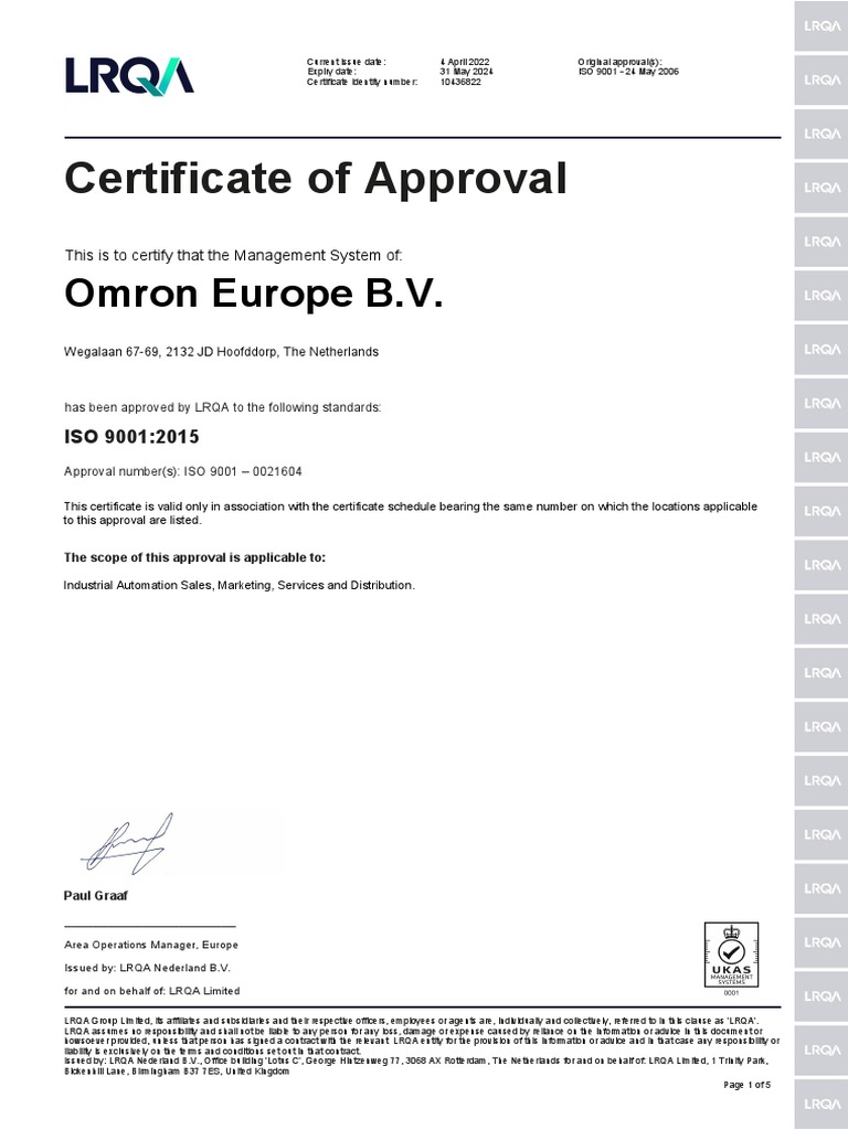 Omron Iso 9001 Certificate en | PDF | Legal Liability | Business Economics