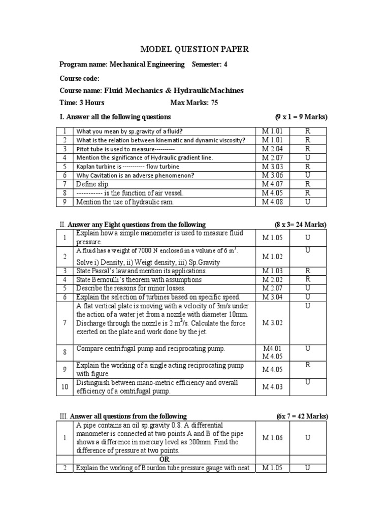 Diploma in Mechanical Engineering Model Question Paper | PDF | Pressure ...