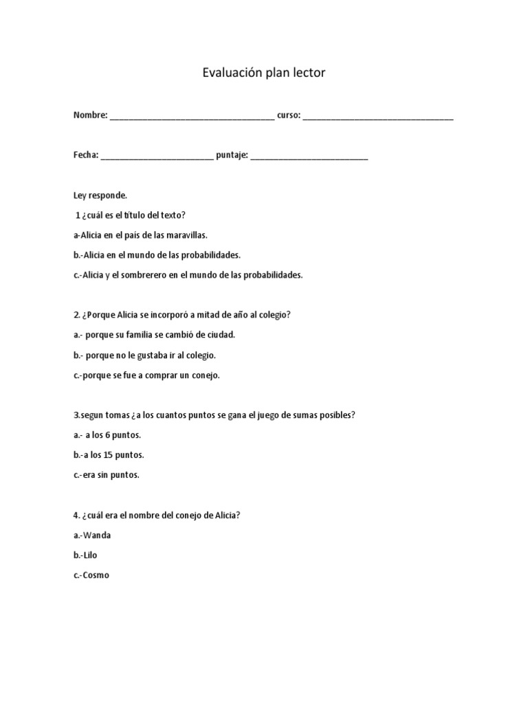 Evaluación Plan Lector | PDF