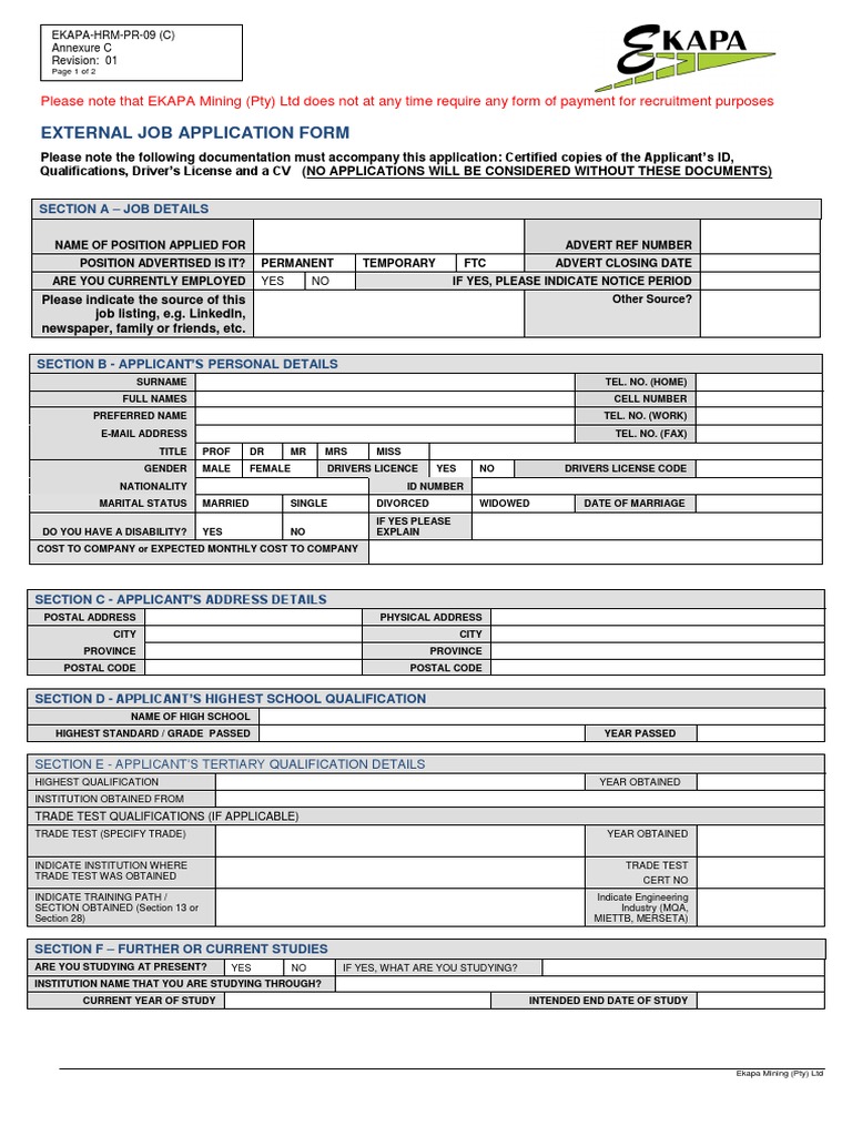External Job Application Form for Ekapa Mining (Pty) Ltd | PDF | Driver ...