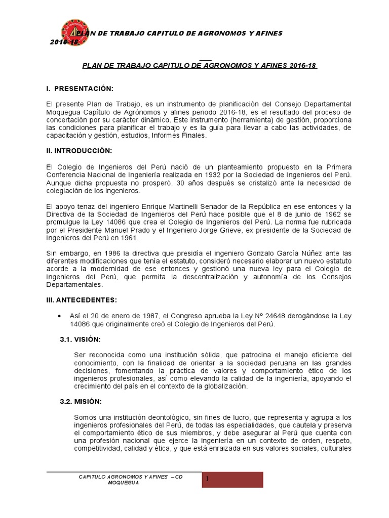 Plan de Trabajo Capitulo D Agronomos | PDF | Perú | Ingeniería