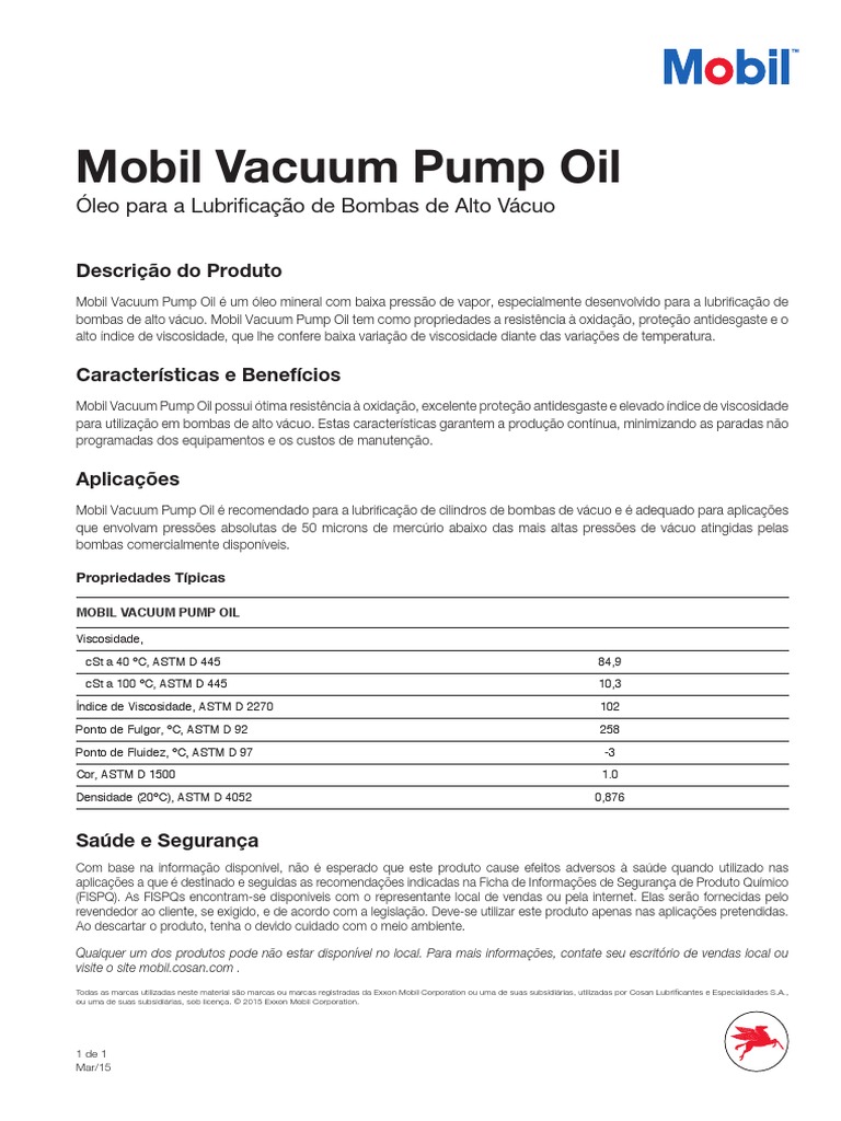 Ficha Técnica Mobil Vacuum Pump Oil | PDF | Pressão | Química