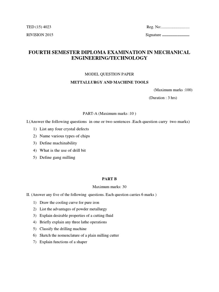 Fourth Semester Diploma Examination in Mechanical Engineering/Technology | PDF | Drilling ...
