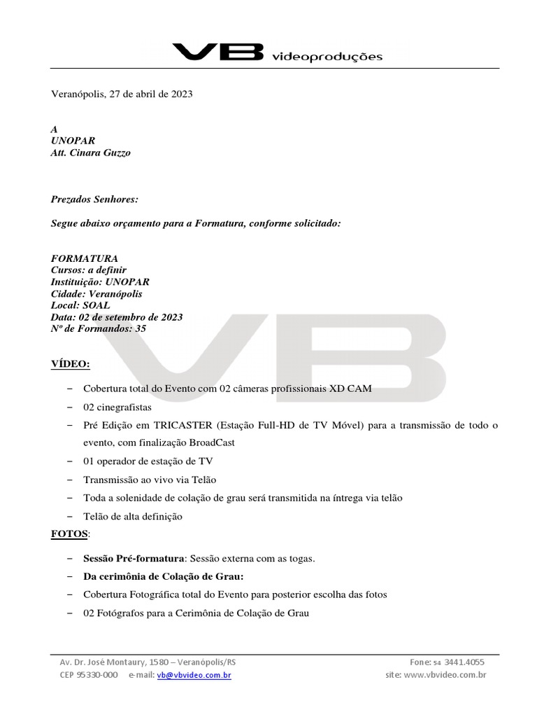 Orçamento Formatura Unopar 02 09 2023 Pdf Tecnologia Da