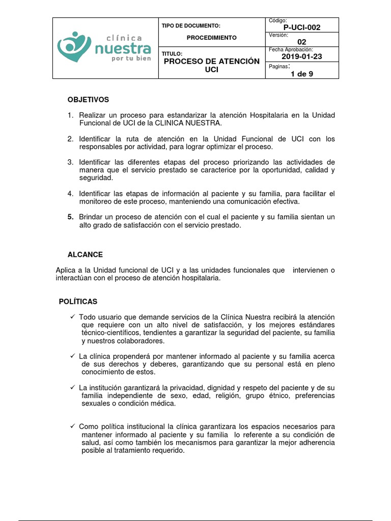P-UCI-002 - Proceso de Atención - UCI | PDF | Unidad de Cuidados Intensivos | Enfermería