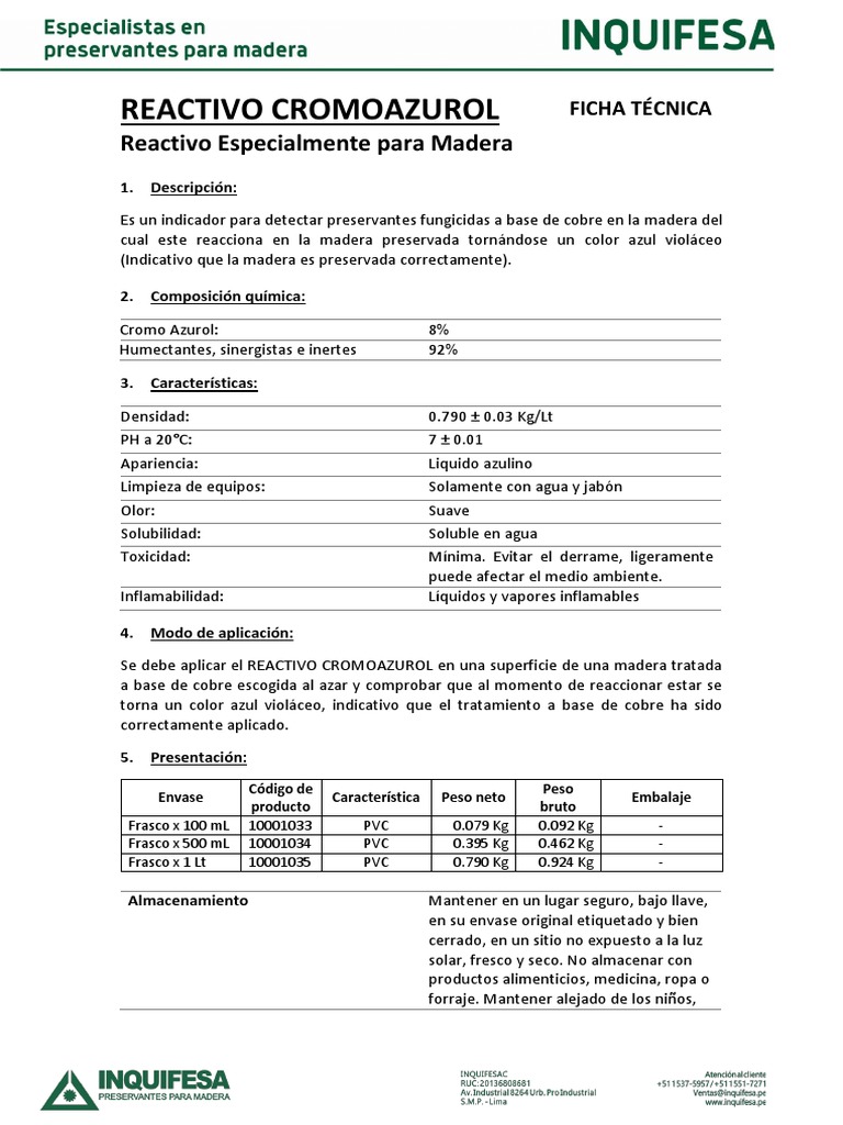 Reactivo Cromoazuro para Madera | PDF | Agua | Sustancias químicas