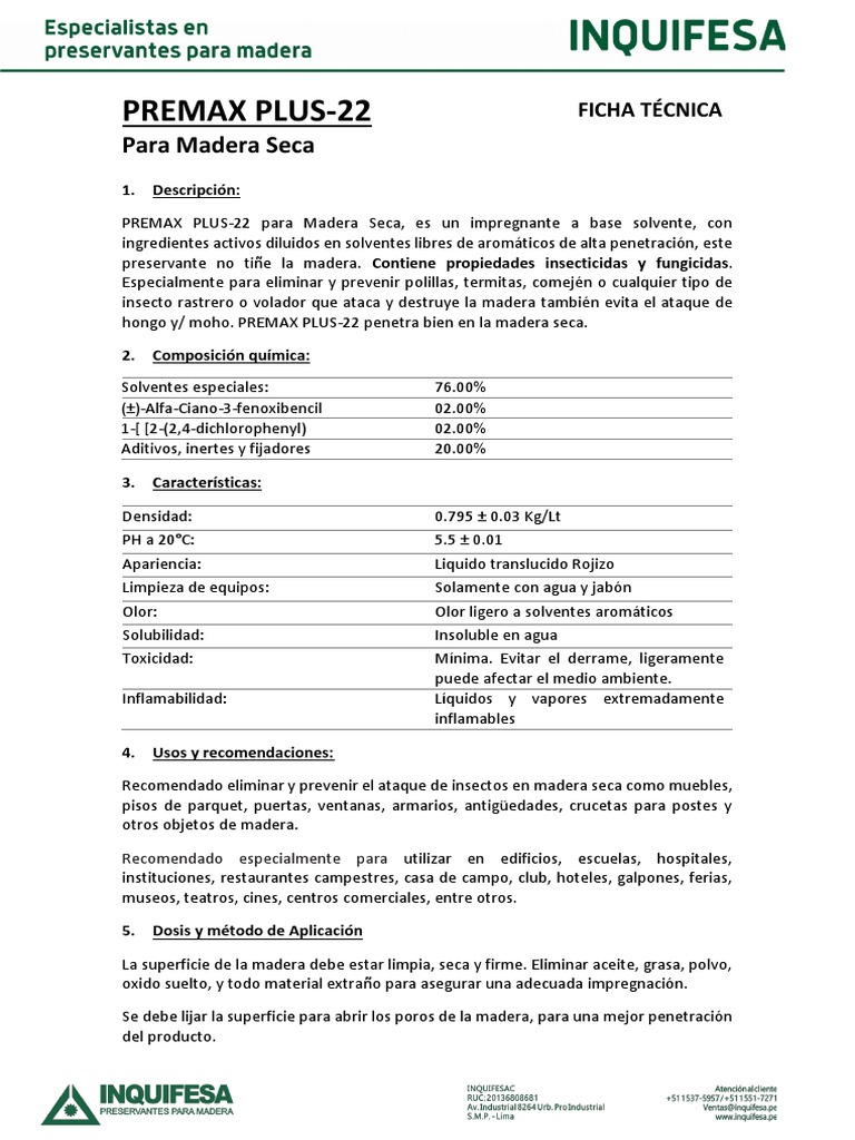 Ficha Tecnica - Premax Plus-22 Preservante para Madera Seca | PDF ...