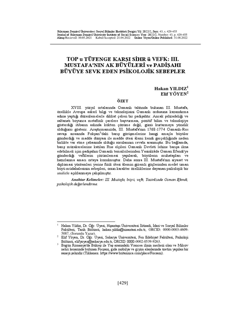 Top U T Fenge Kar I S HR Vefk III. Mustafa'Nin Ak B y Ler Ve Pad Ahi B y Ye Sevk Eden Ps Koloj K ...