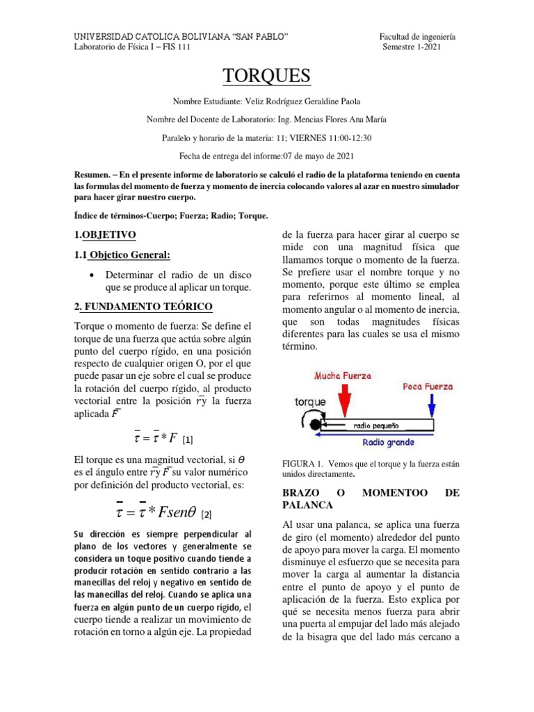 Informe de Torques Veliz Geraldine | PDF | Esfuerzo de torsión | Rotación