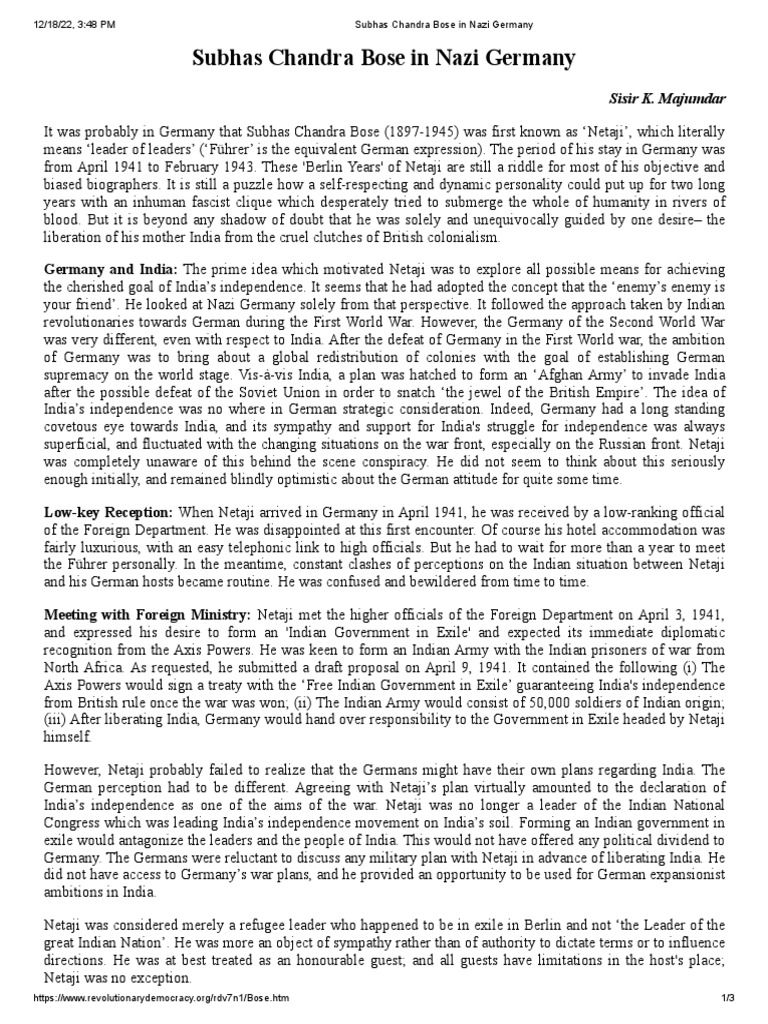 Subhas Chandra Bose's Berlin Years | PDF | Nazi Germany | Adolf Hitler