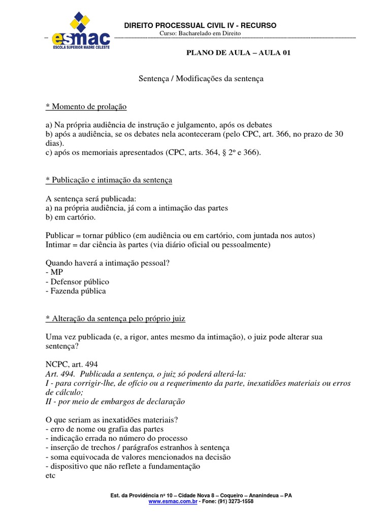 CPC Aula 1 | Download grátis PDF | Sentença (jurídico) | Processo civil