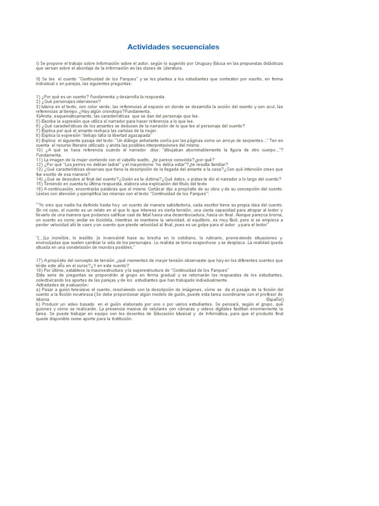 Actividades sobre "Continuidad de los Parques" | PDF | Cuentos