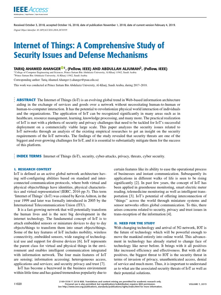 Internet of Things A Comprehensive Study of Security Issues and Defense Mechanisms PDF | PDF ...