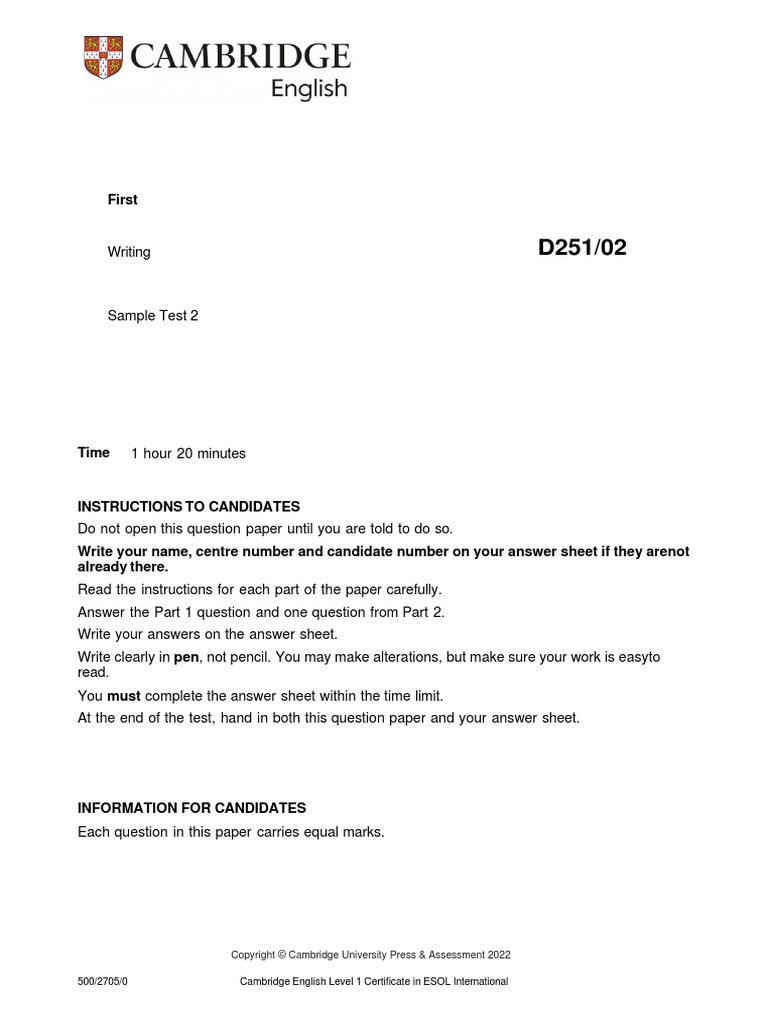 B2 First Sample Paper 2 Writing 2022 PDF | Download Free PDF | Question | Learning