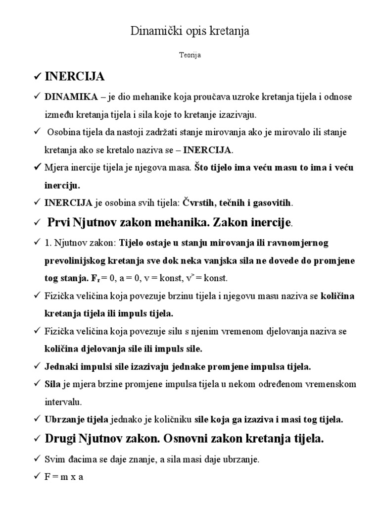 Fizika DINAMIČKI OPIS KRETANJA Teorija | PDF