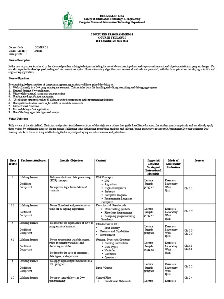 Compro1-C++ Syllabus 1011 | PDF | Computer Program | Programming