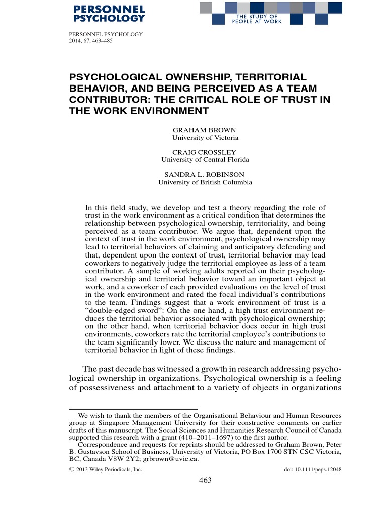 Psychological Ownership, Territorial PDF | PDF | Psychology | Behavior