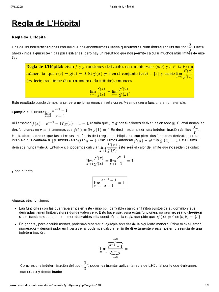 1. Regla de LHôpital | PDF | Asíntota | Función (Matemáticas)