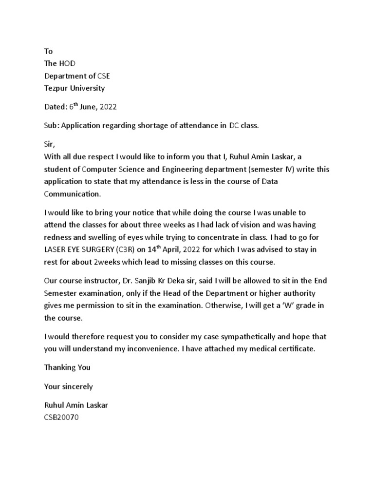 Application For Short of Attendence | PDF