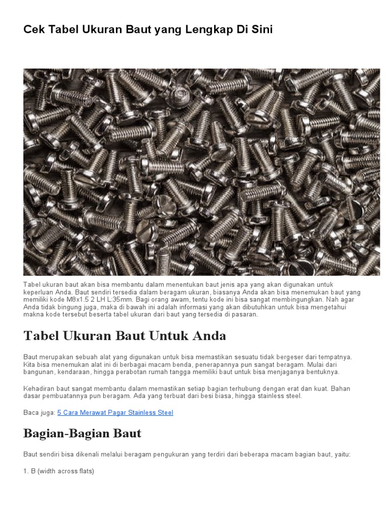 Cek Tabel Ukuran Baut yang Lengkap Di Sini | PDF