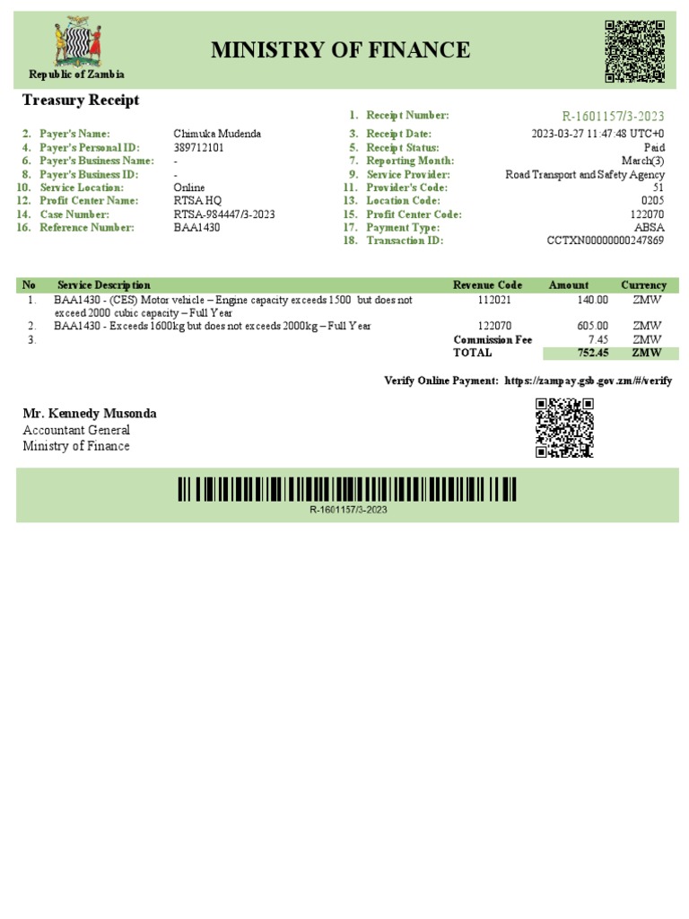 Treasury Receipt for Motor Vehicle Licensing Fees Paid by Chimuka ...