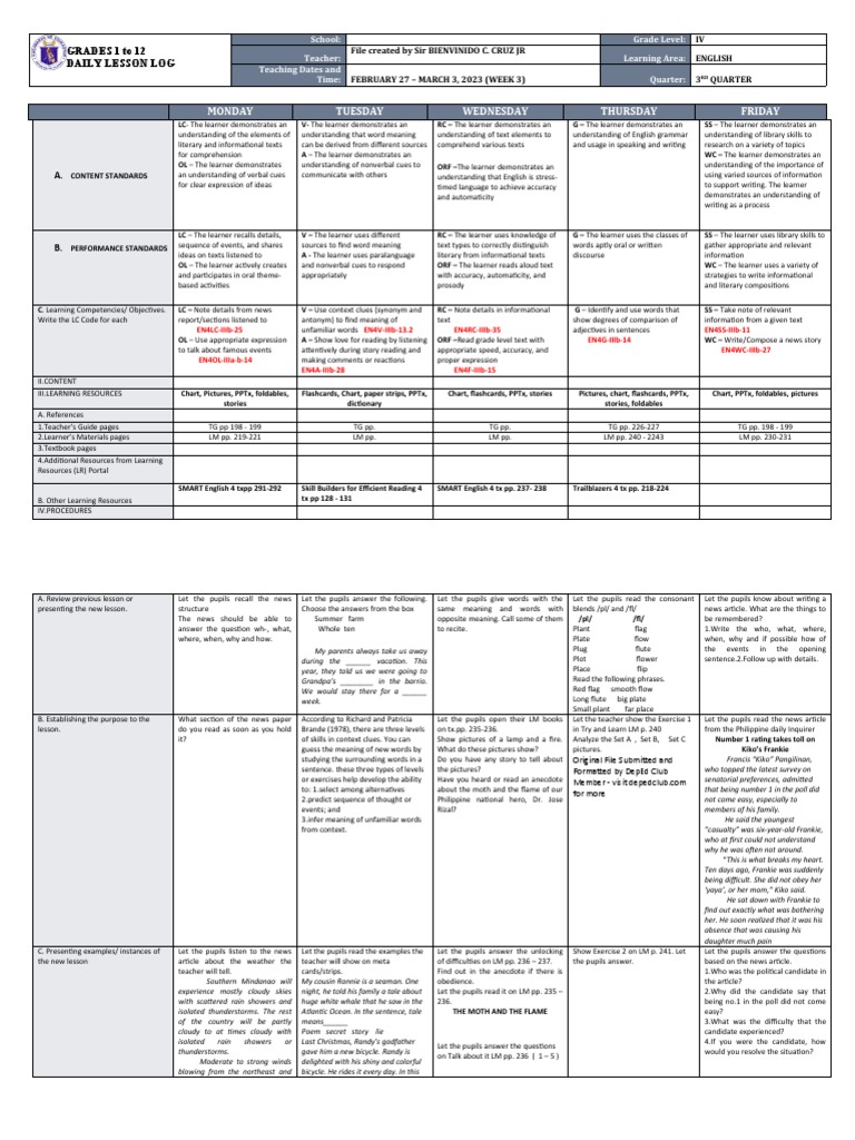 DLL - English 4 - Q3 - W3 | PDF | Learning | English Language DLL - English 4 - Q3 - W3 | PDF | Learning | English Language