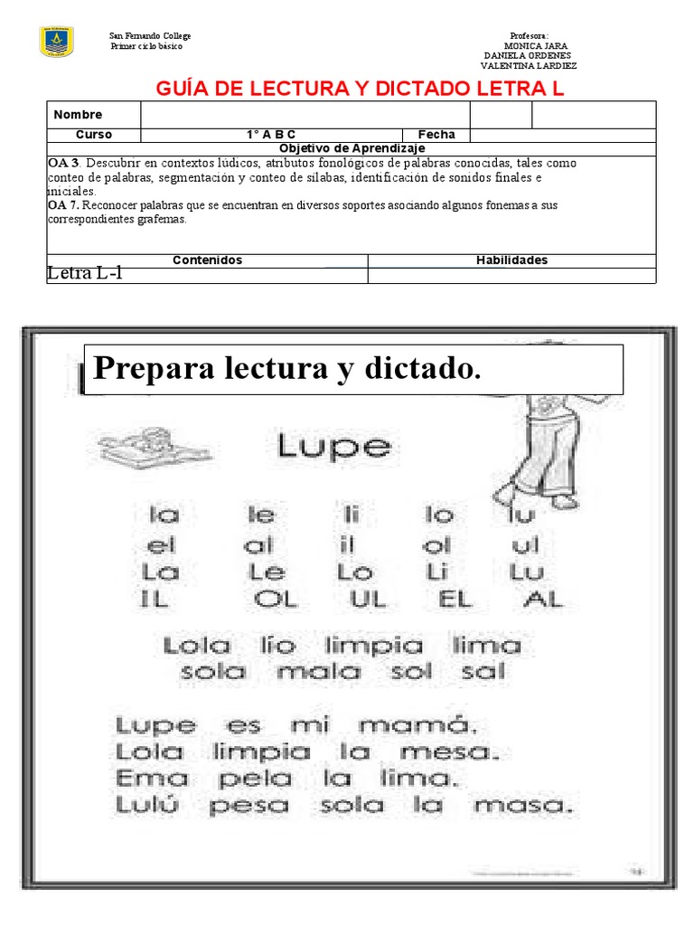GUIA DE LECTURA y DICTADO LETRA L | PDF
