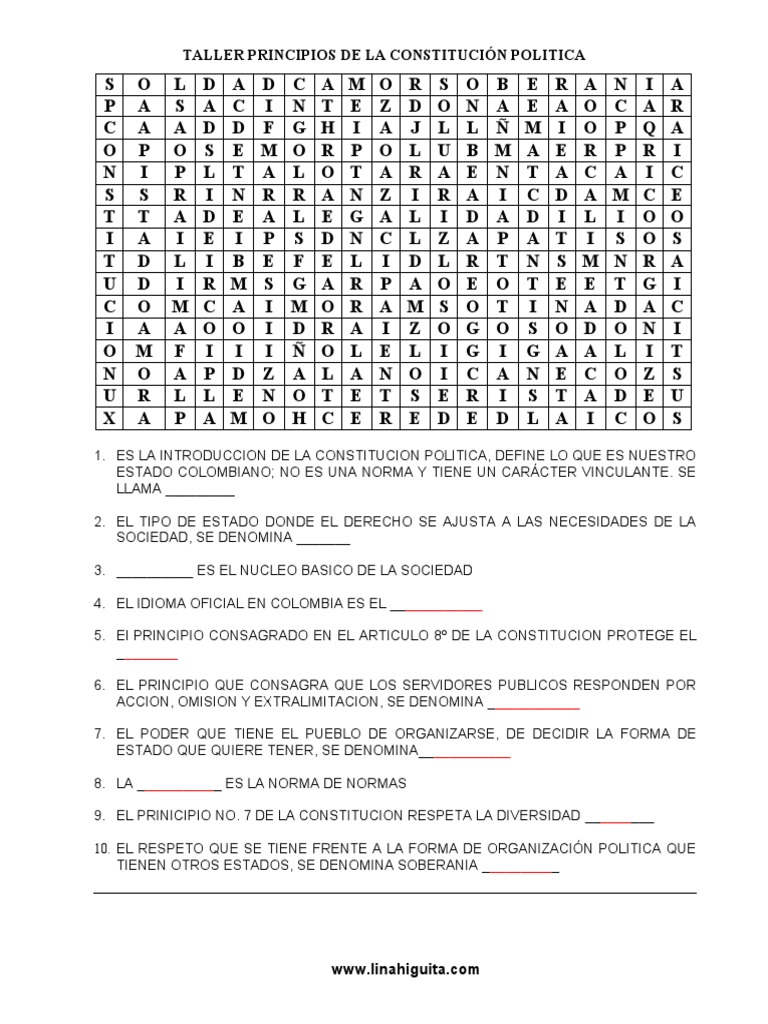 TALLER DE PRINCIPIOS CONSTITUCIONAL POLITICA Sopa de Letras | PDF