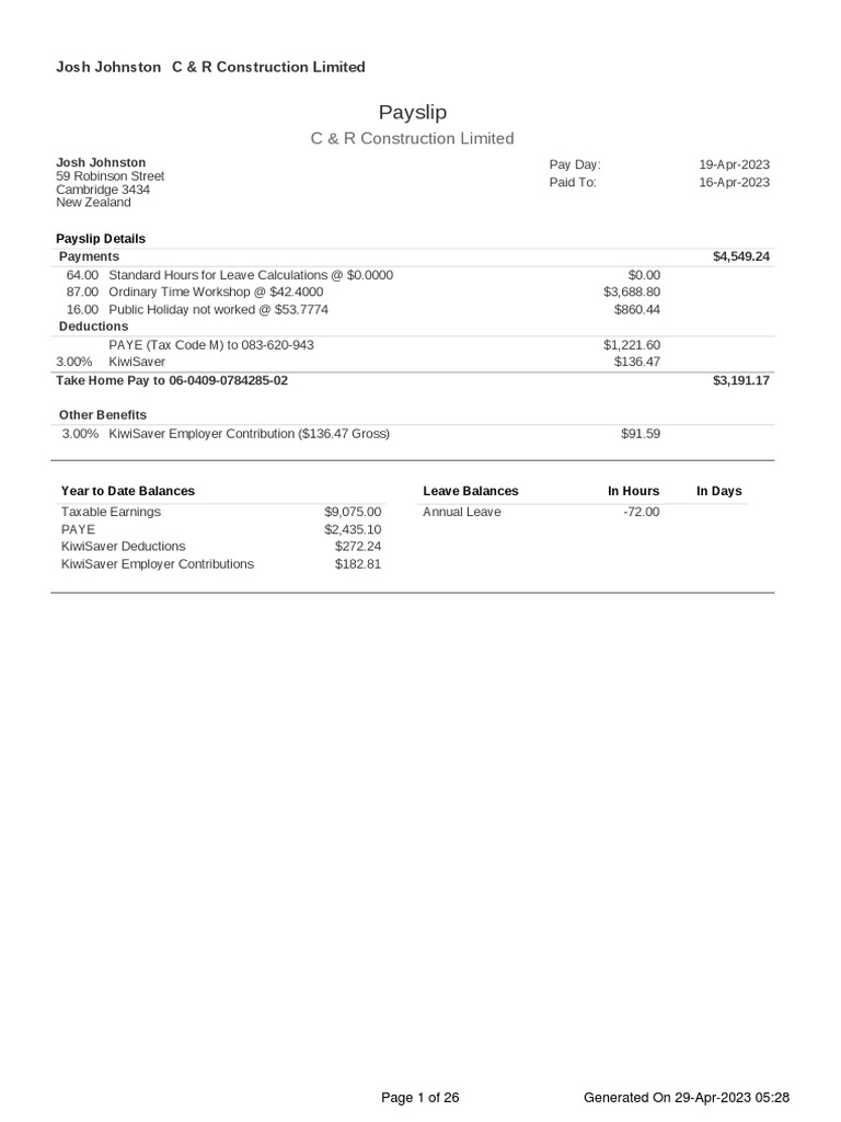 Analysis of Josh Johnston's Payslips from C & R Construction Limited ...