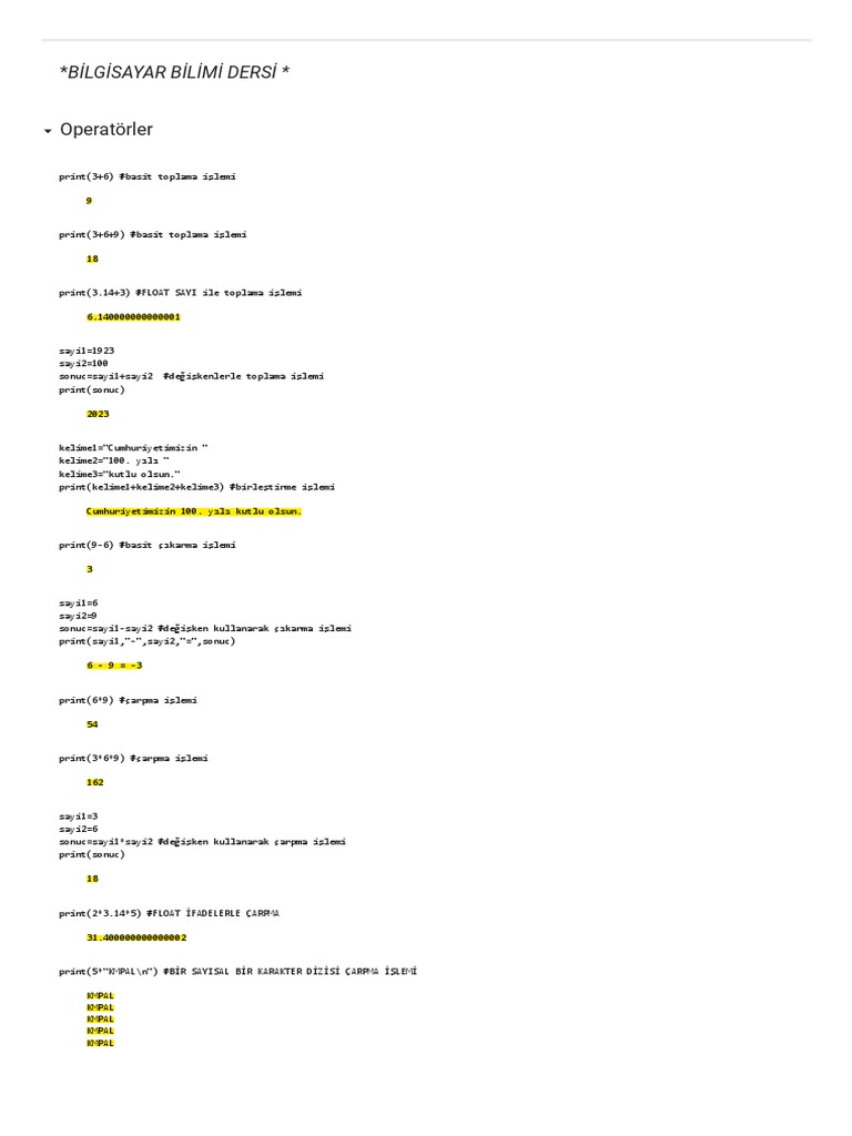 BİLGİSAYAR BİLİMİ ÖRNEKLER - Operatorler | PDF