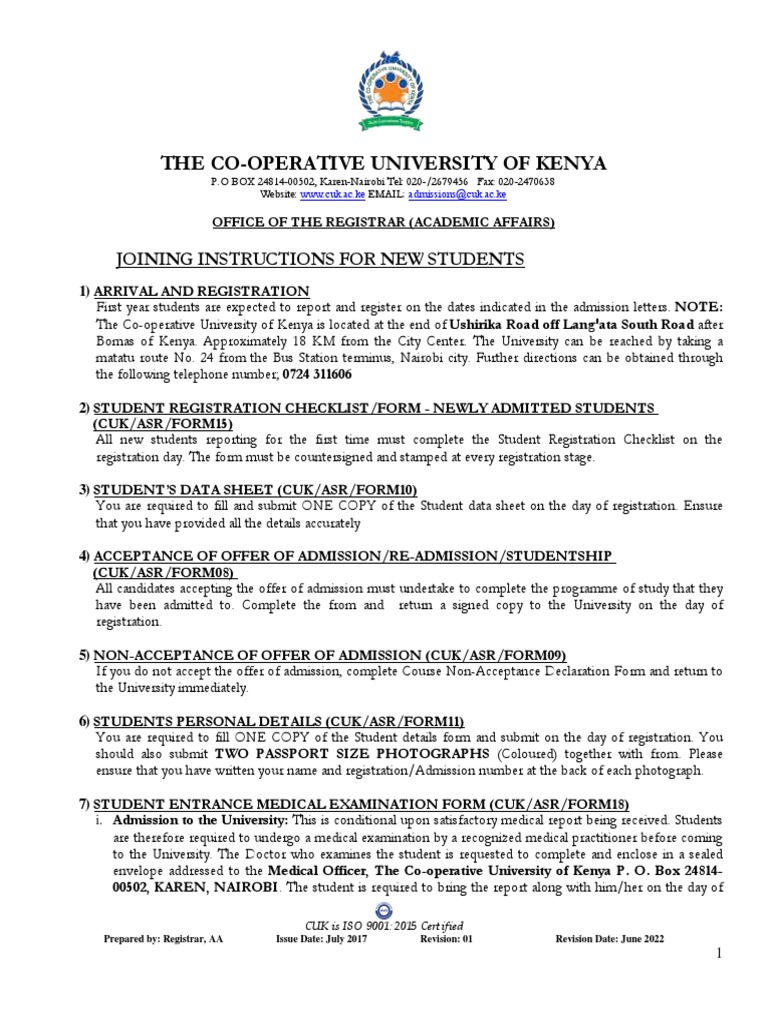 Joining Instructions For New Students | PDF