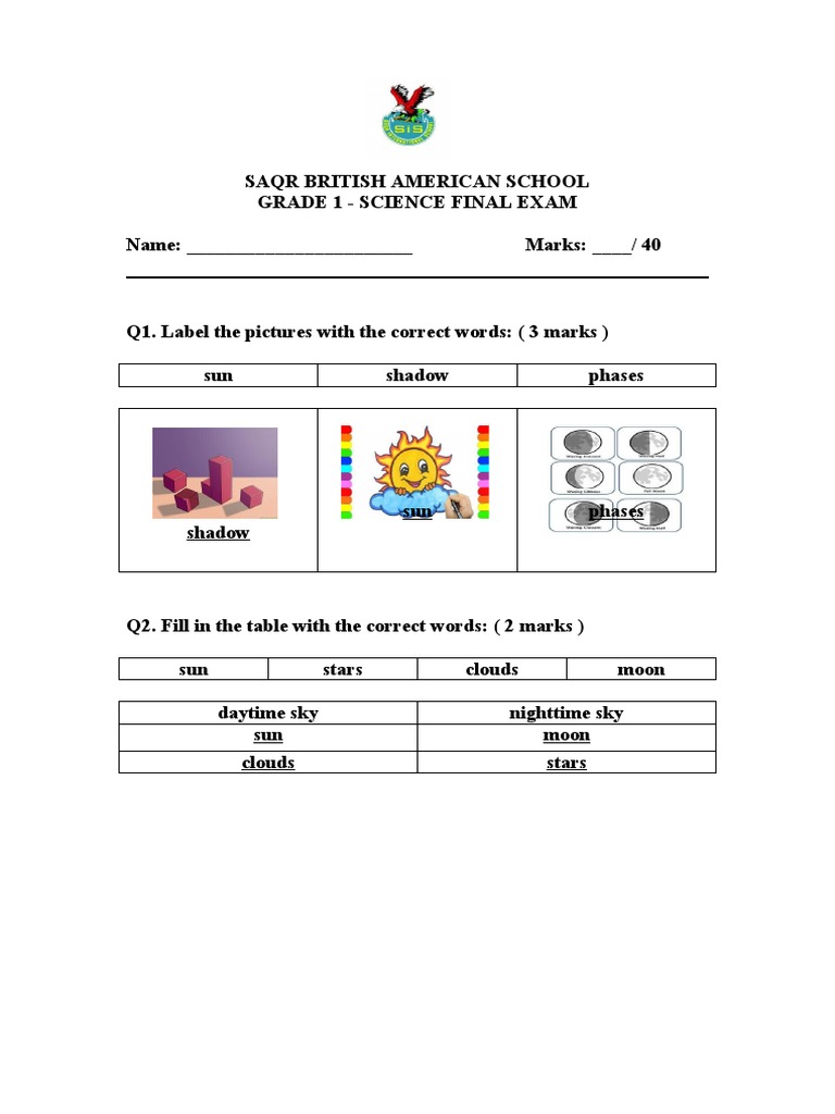 Grade 1 Science Final Exam With Answers | PDF