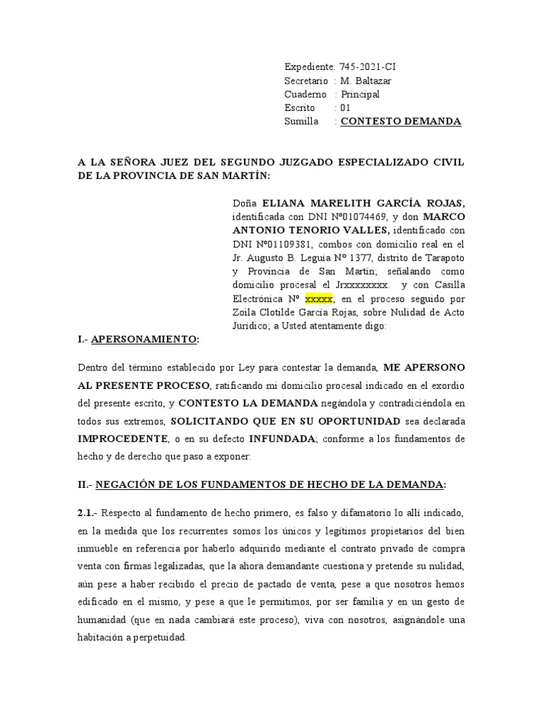 Contestación Nulidad de Acto Jurídico | PDF