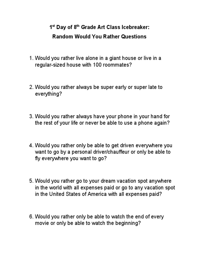 1st Day of 8th Grade Art Class Icebreaker Random Would You Rather ...