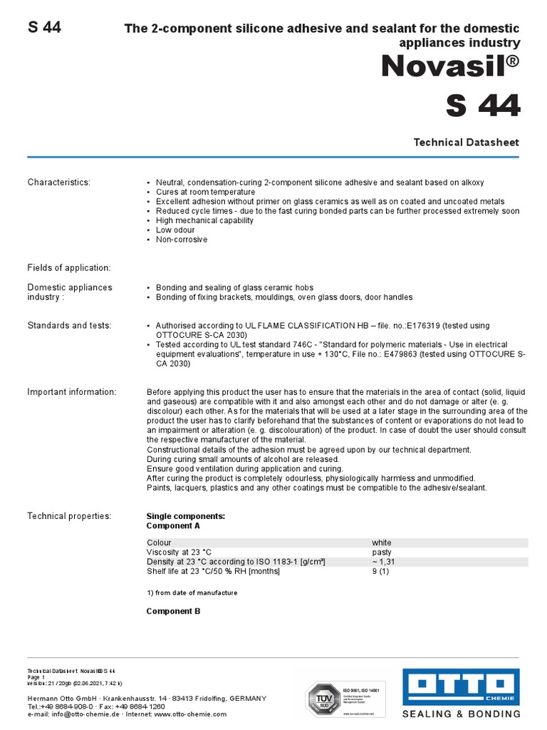 Tds Novasil S 44 21 - 20gb PDF | PDF | Adhesive | Silicone