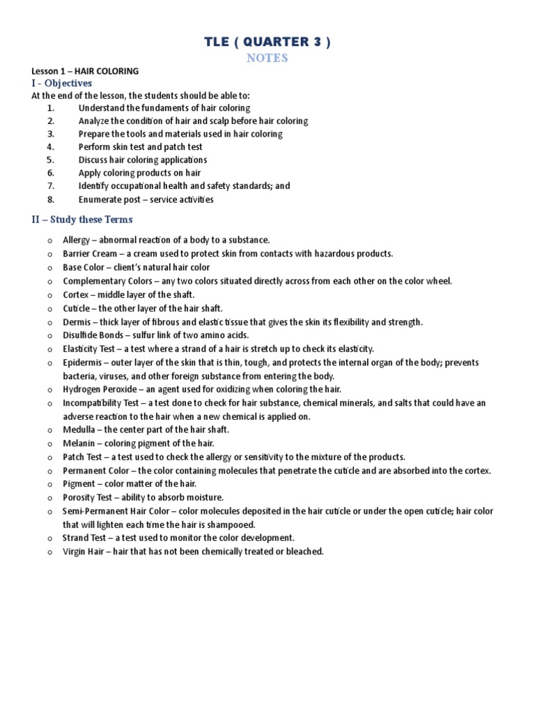 Tle (Quarter 3) : Notes | Download Free PDF | Hair | Skin