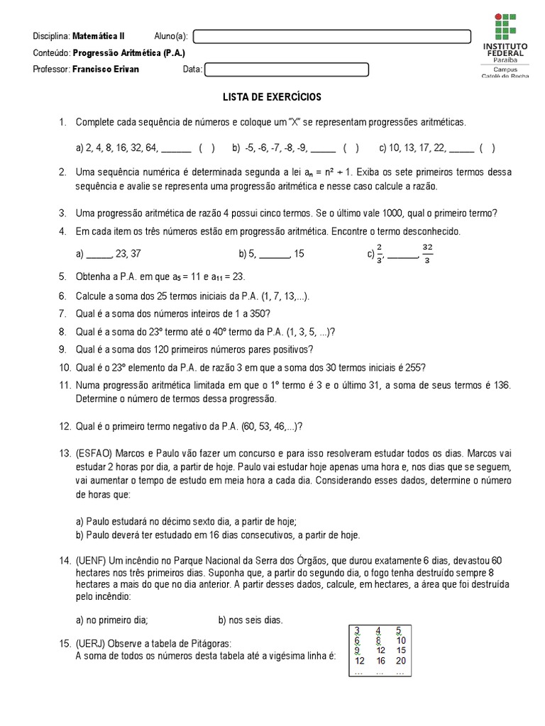 Lista de Exercícios - Progressão Aritmética | PDF | Sequência | Matemática