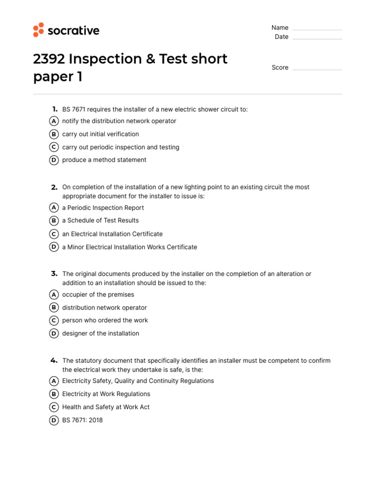 2392 Inspection Test Short Paper 1 PDF | PDF | Physical Quantities ...