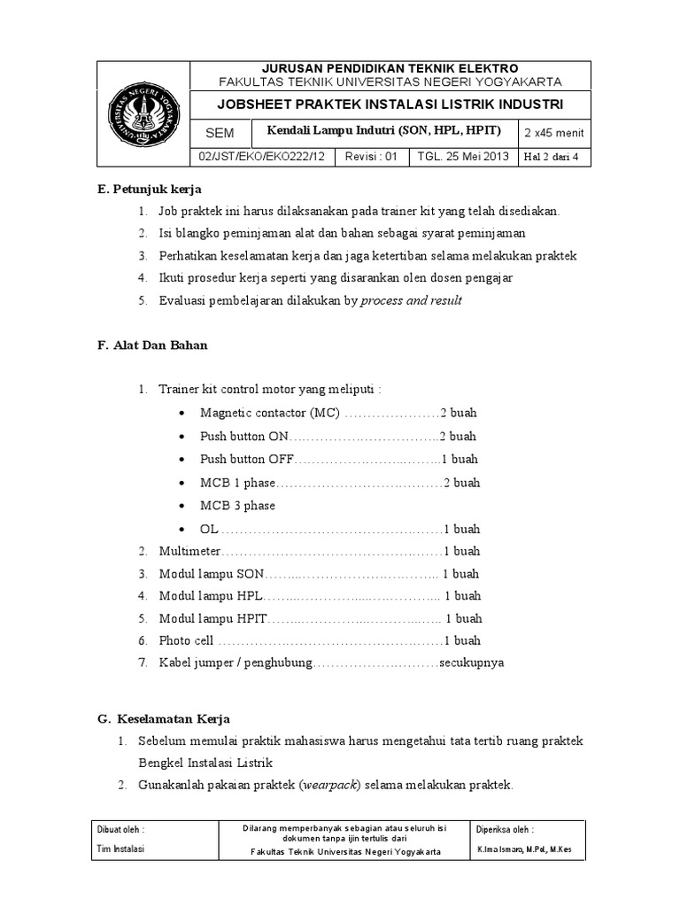 Jobsheet Praktik Instalasi Listrik Industri - ALX - Rev - Luring PDF | PDF
