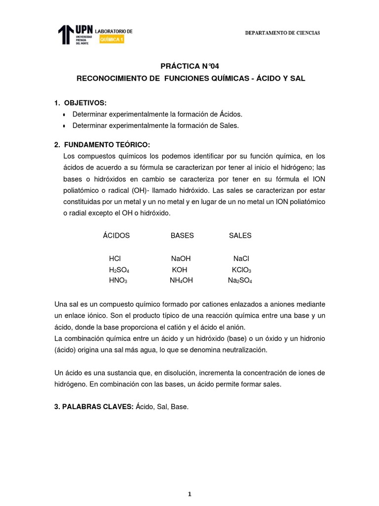 Sem05 - Guía de Práctica 4 - Función Acido y Sal | PDF | Sal (química ...