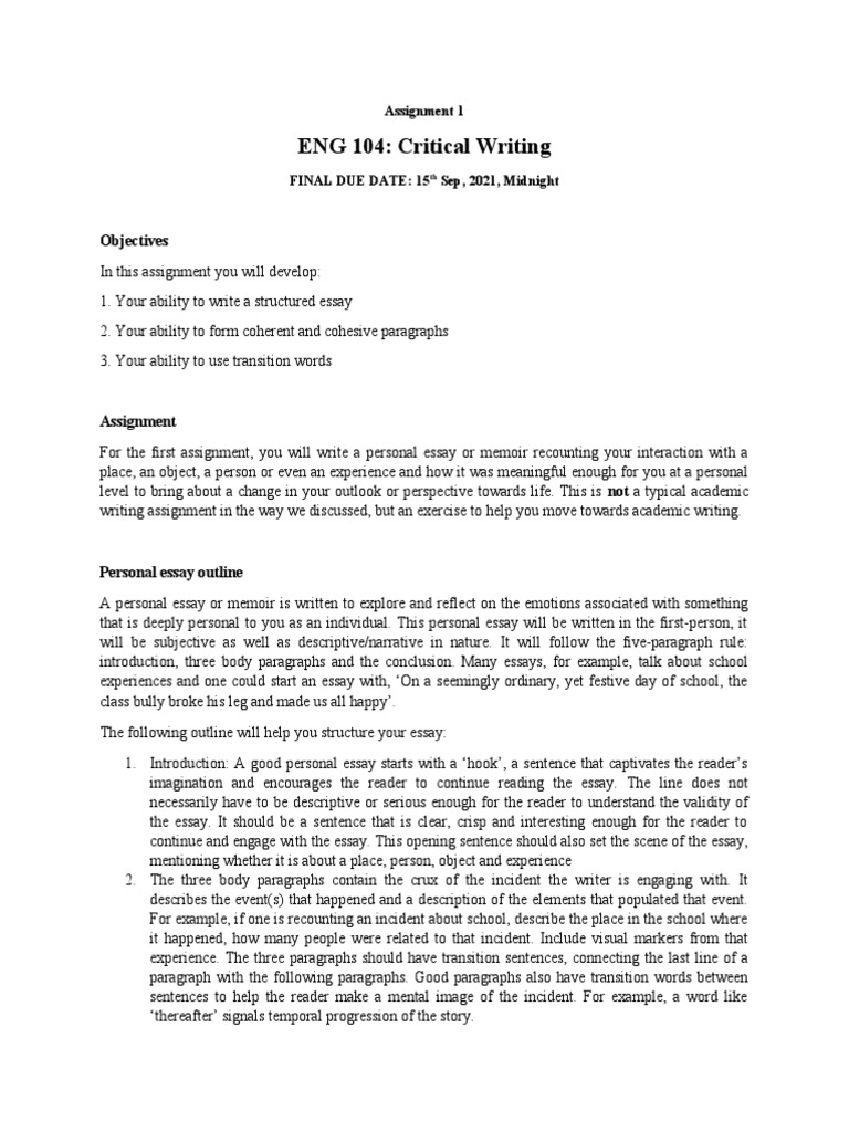 Personal Essay Outline Monsoon 2021 | PDF | Essays | Experience