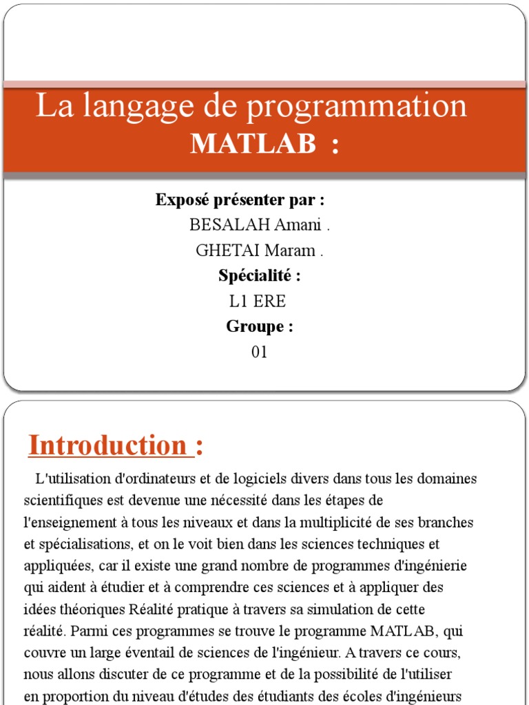 Exposé Sur La Langage de Programmation MATLAB | PDF | MATLAB | Informatique