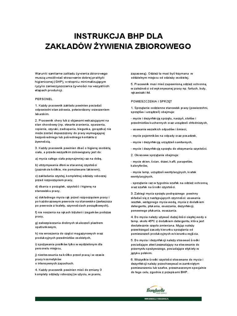 Instrukcja BHP W Zakladach Zywienia Zbiorowego | PDF