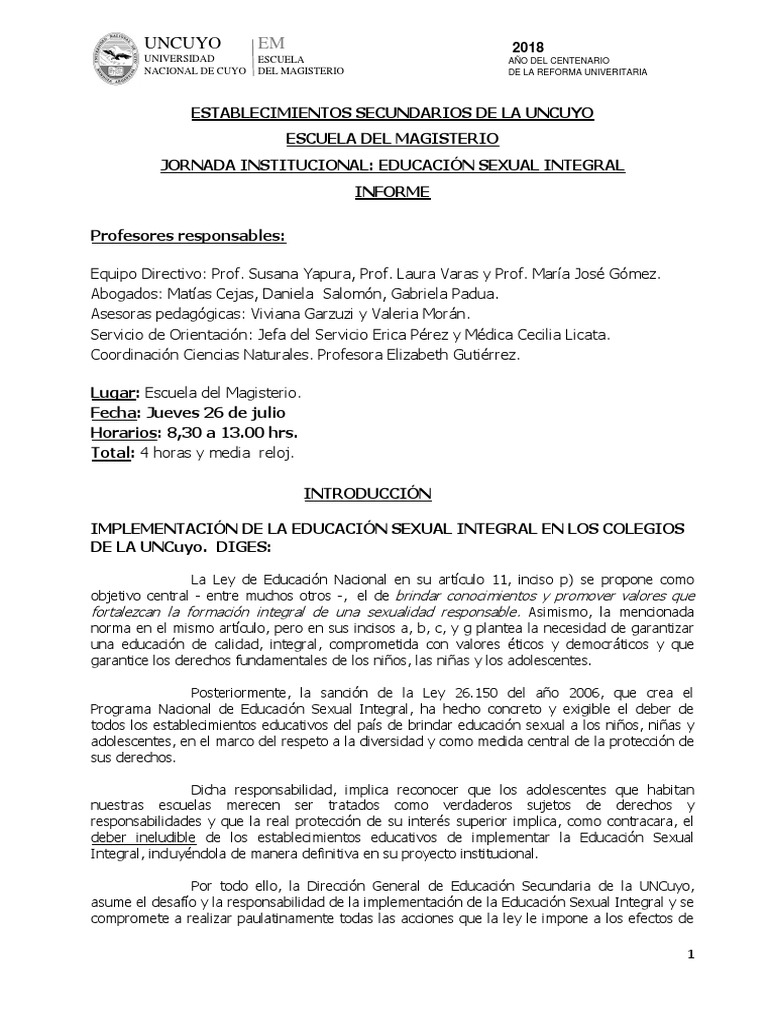 Jornada Esi Magisterio Informe PDF | PDF | Educación sexual | Sexualidad