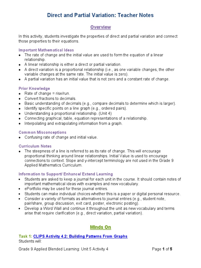 U5A4 PartialandDirectVariation TeacherNotes AODA | PDF | Derivative ...