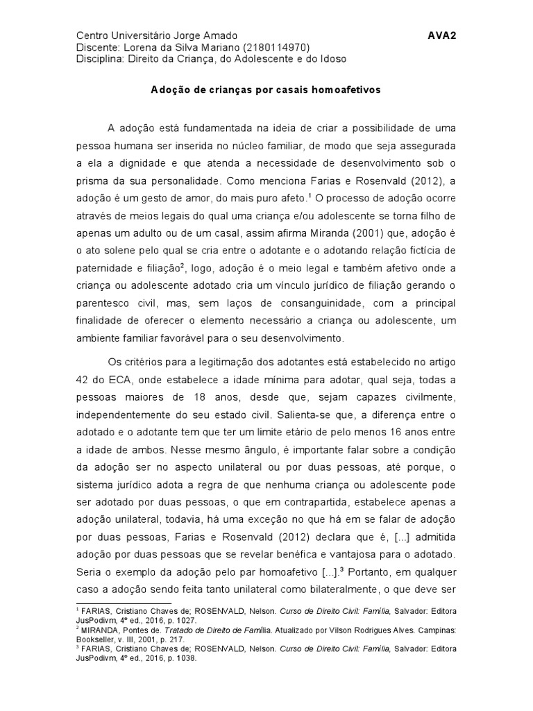 Adoção de Crianças Por Casais Homoafetivos - AVA2 ECA | PDF | Adoção ...