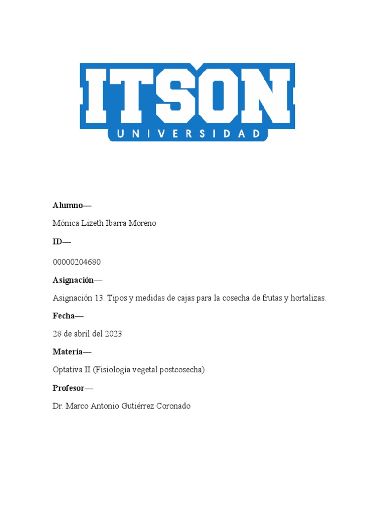 Asignación 13. Tipos y Medidas de Cajas para La Cosecha de Frutas y ...
