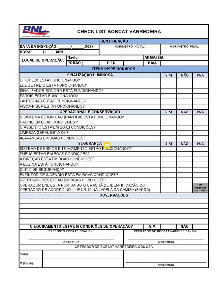 Checklist de Inspeção Bobcat Varredeira | PDF | Casa e Jardim ...