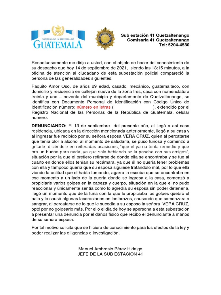 Modelo De Denuncia Guardia Civil - Free Word Template